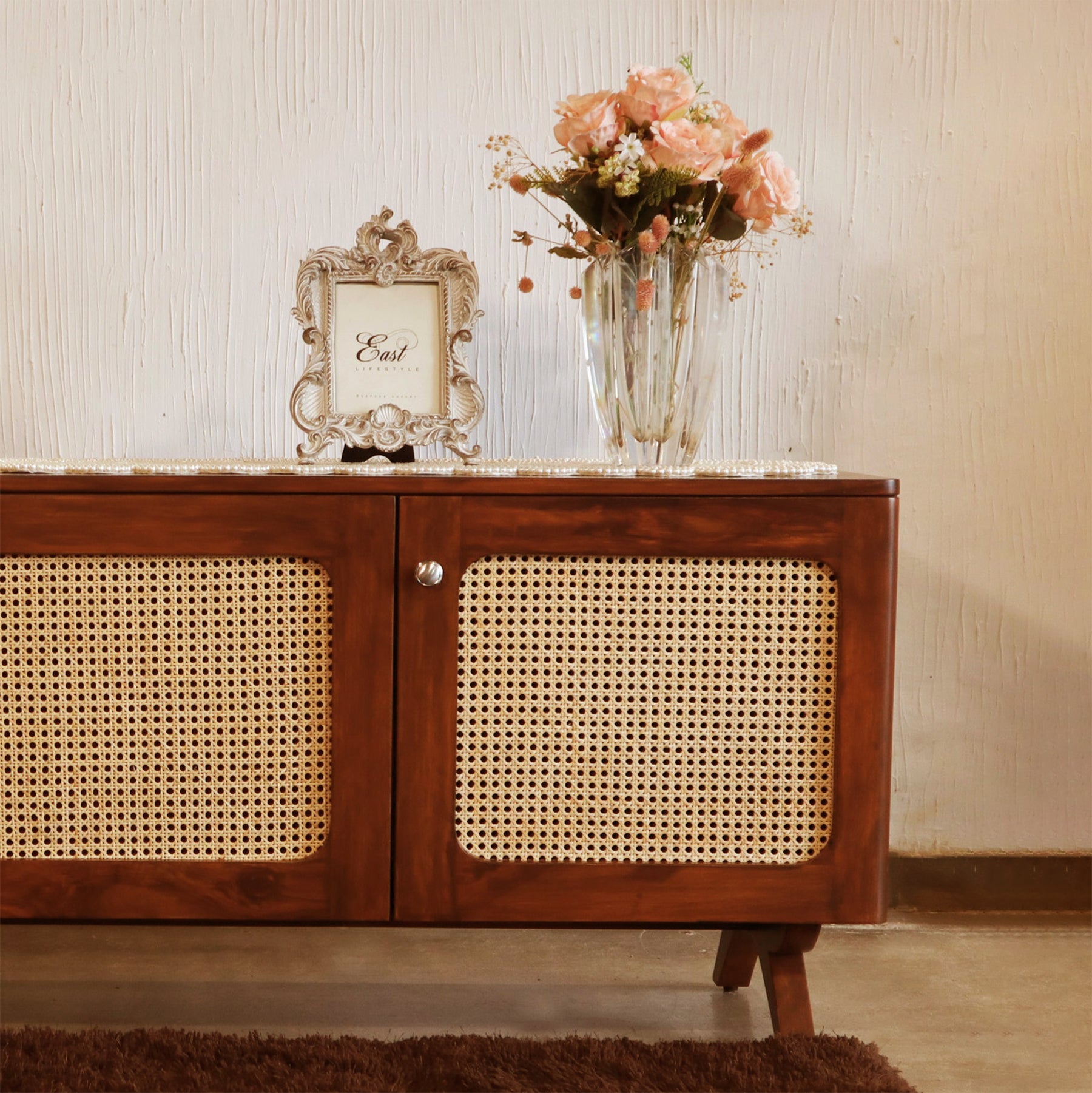 Solid Wood and Rattan TV Unit with Storage- Cane TV Unit| East Lifestyle